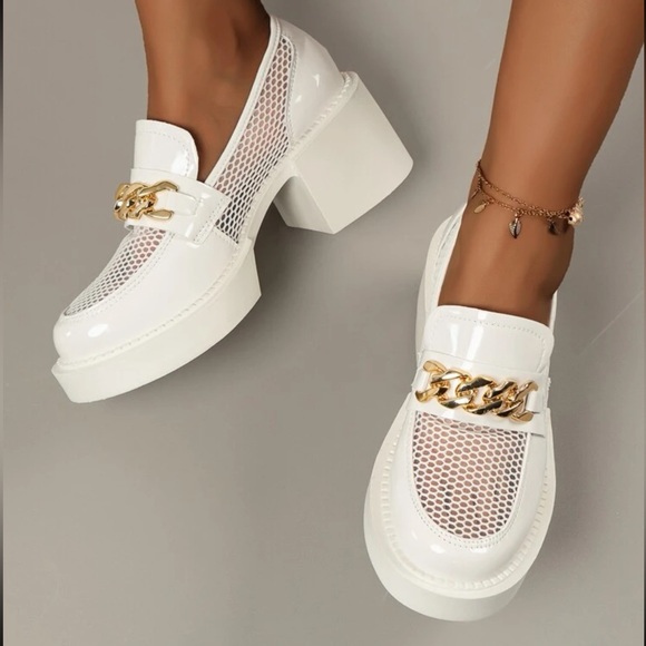 Shoes | Chain Detail Chunky Heeled Loafer Pumps Mesh Detail Elegant ...